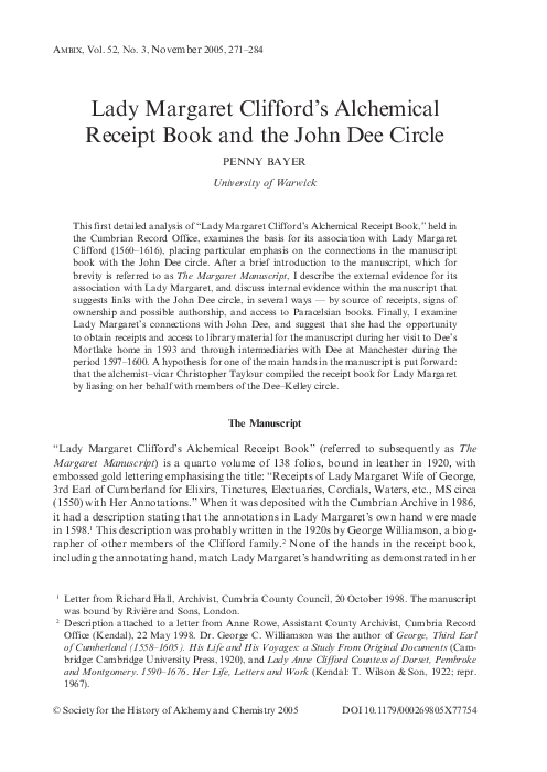 (PDF) Lady Margaret Clifford's Alchemical Receipt Book and the John Dee ...
