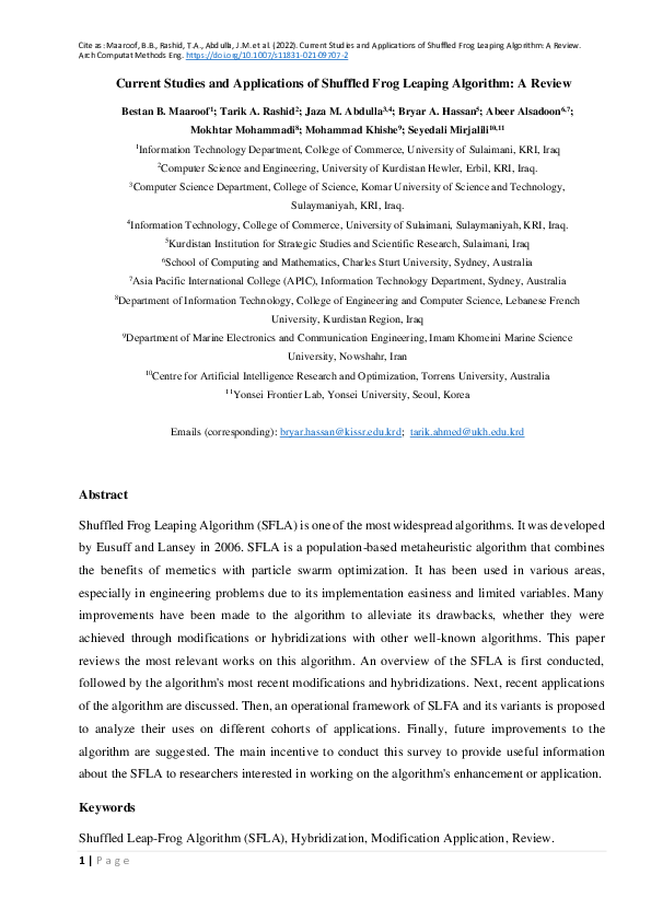(PDF) Current Studies and Applications of Shuffled Frog Leaping Algorithm: A Review