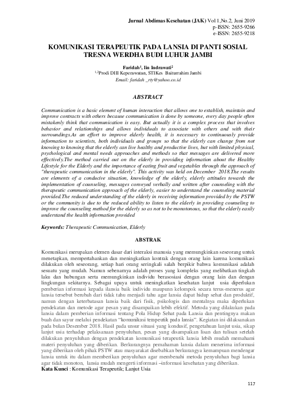 (PDF) Komunikasi Terapeutik Pada Lansia DI Panti Sosial Tresna Werdha Budi Luhur Jambi
