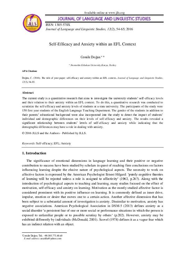 (PDF) Self-efficacy and Anxiety within an EFL Context