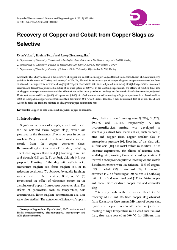 (PDF) Recovery of Copper and Cobalt from Copper Slags as Selective
