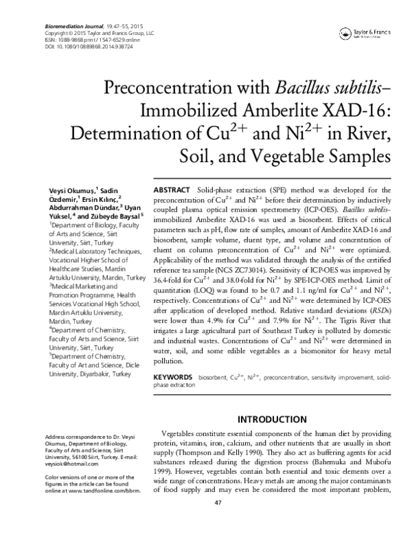 (PDF) Preconcentration withBacillus subtilis–Immobilized Amberlite XAD-16: Determination of Cu2 ...