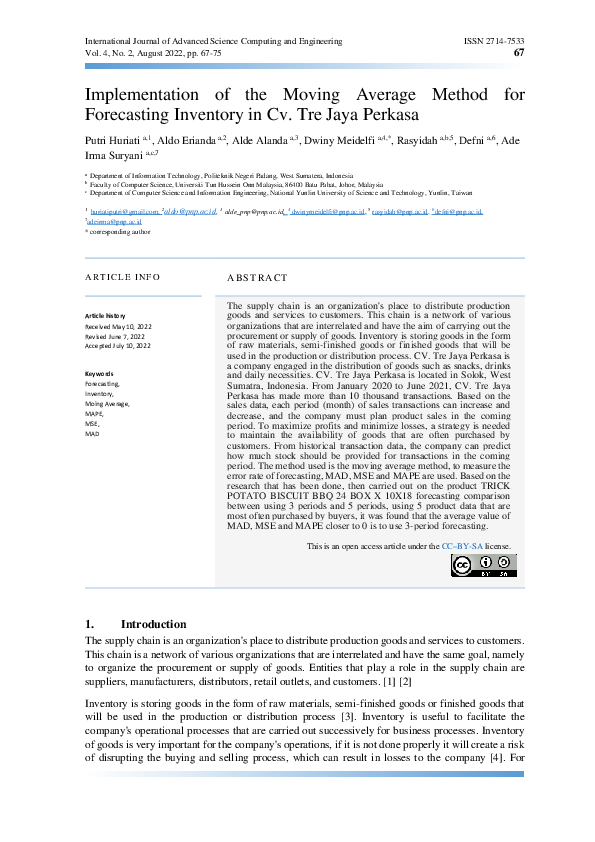 Pdf Implementation Of The Moving Average Method For Forecasting Inventory In Cv Tre Jaya