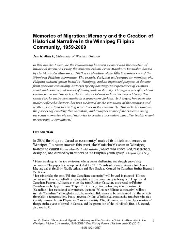(PDF) Memories of Migration: Memory and the Creation of Historical Narrative in the Winnipeg ...