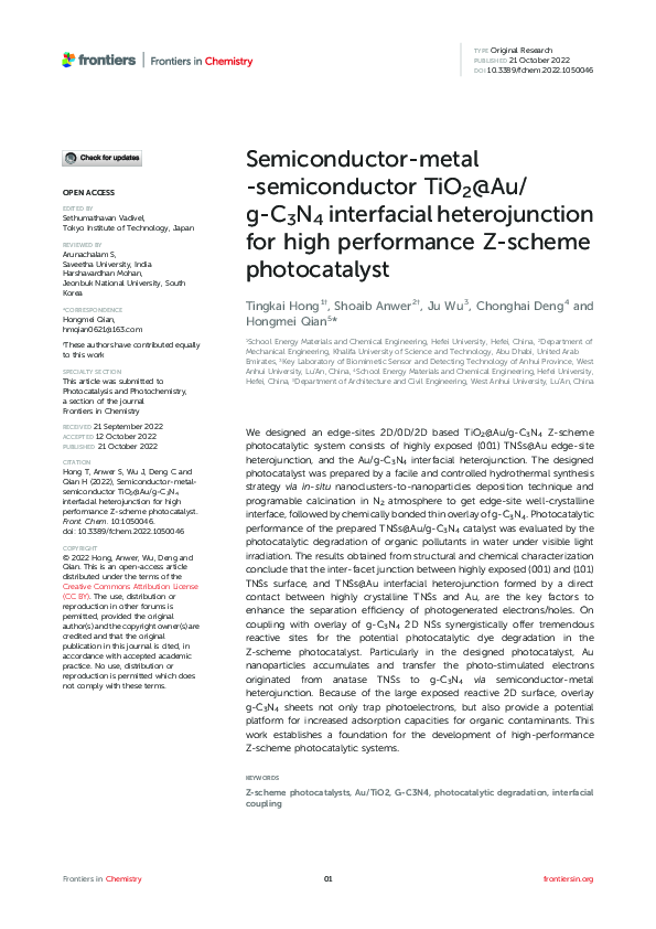 Pdf Semiconductor Metal Semiconductor Tio2 Au G C3n4 Interfacial Heterojunction For High