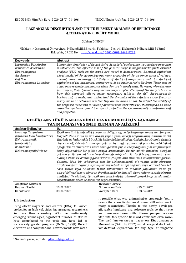 (PDF) Lagrangian Description and Finite Element Analysis of Reluctance Accelerator Circuit Model