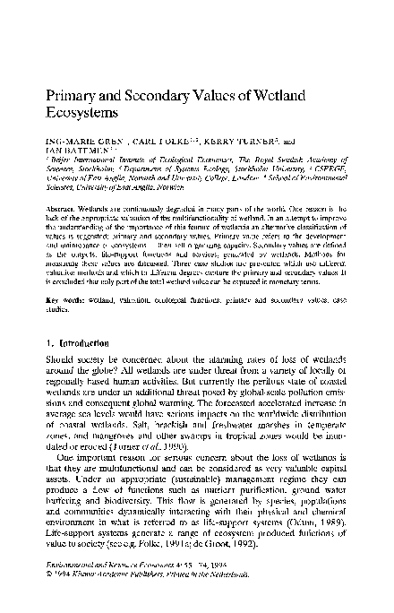 (PDF) Primary and secondary values of wetland ecosystems | R. Turner ...