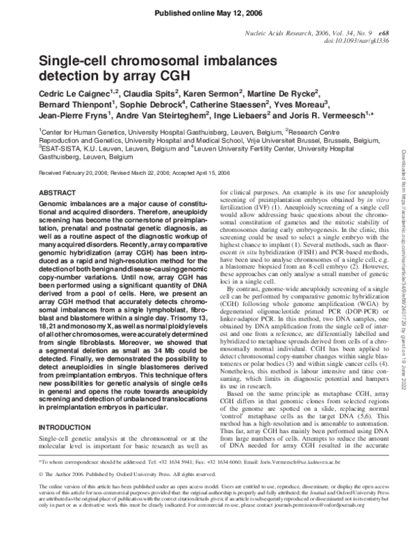 Pdf Single Cell Chromosomal Imbalances Detection By Array Cgh