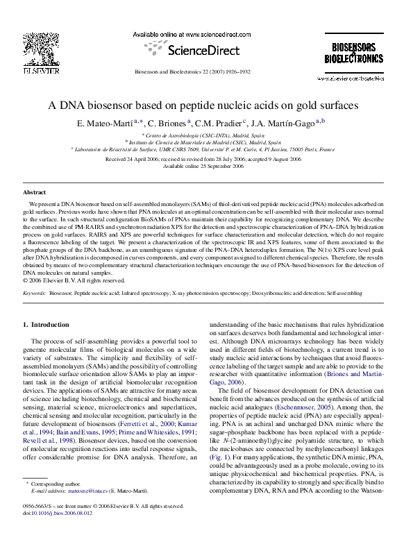 (PDF) A DNA biosensor based on peptide nucleic acids on gold surfaces
