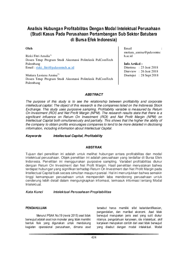 (PDF) Analisis Hubungan Profitabilitas Dengan Modal Intelektual Perusahaan (Studi Kasus Pada ...