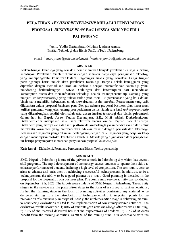(PDF) Pelatihan Technopreneurship Melalui Penyusunan Proposal Business ...