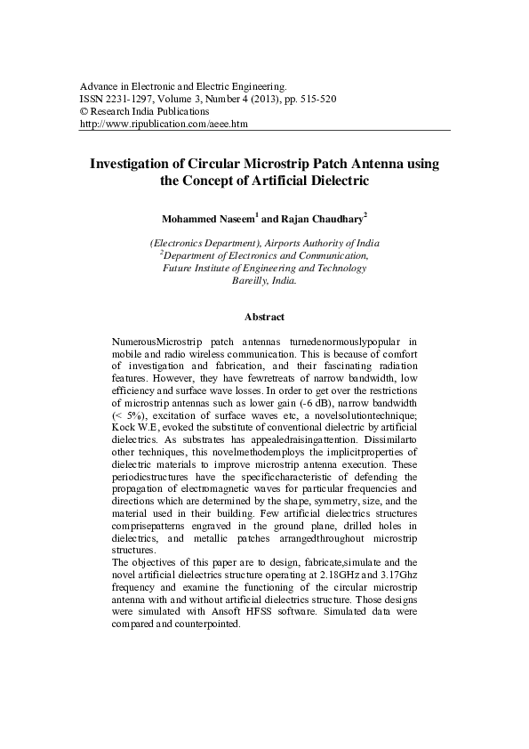 (PDF) Investigation of Circular Microstrip Patch Antenna using the Concept of Artificial Dielectric