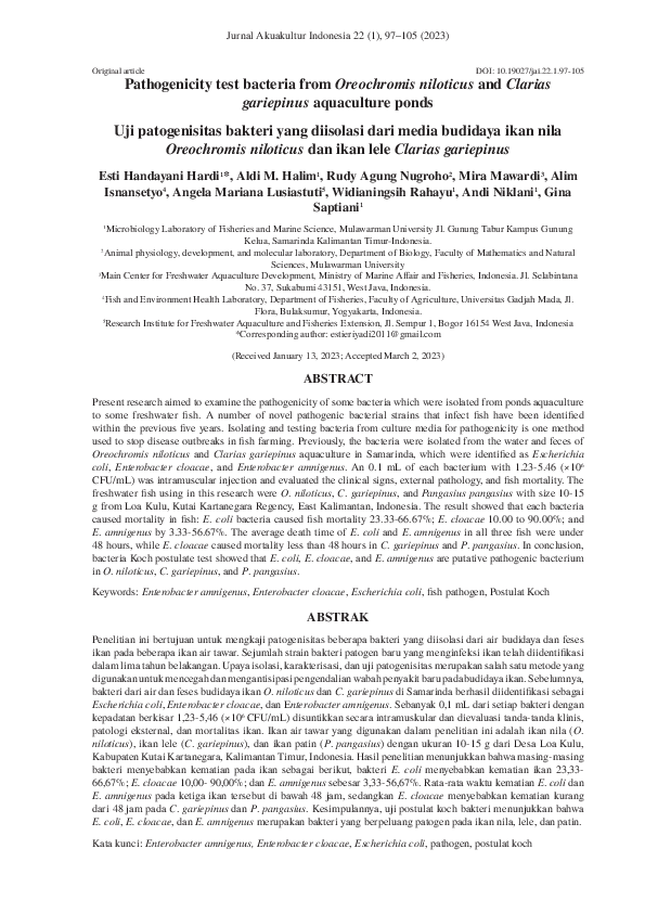 Pathogenicity test bacteria from Oreochromis niloticus and Clarias ...