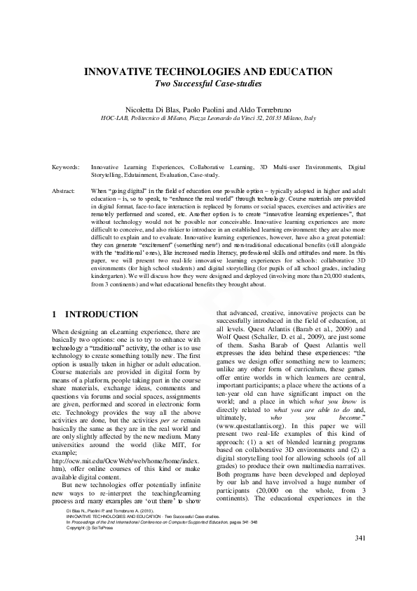 (PDF) Innovative Technologies and Education - Two Successful Case-studies