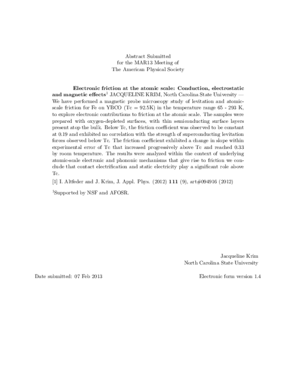 (PDF) Electronic friction at the atomic scale: Conduction, electrostatic and magnetic effects