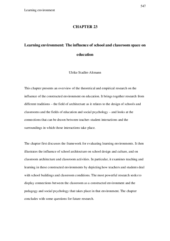 (PDF) Learning environment: The influence of school and classroom space on education