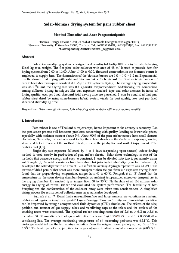 (PDF) Solar-biomass drying system for para rubber sheet