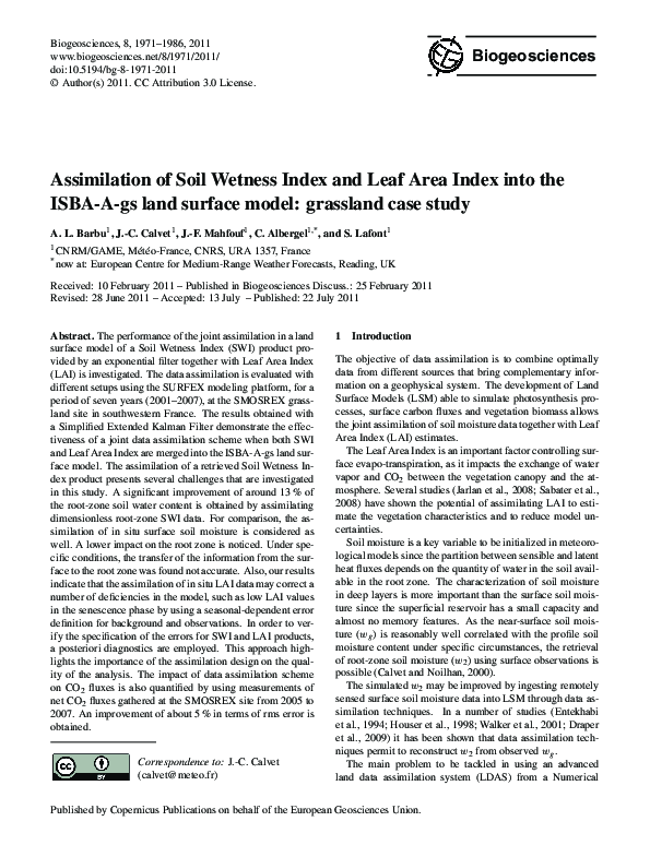 (PDF) Assimilation of Soil Wetness Index and Leaf Area Index into the ...