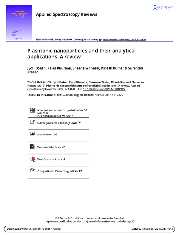 (PDF) Plasmonic nanoparticles and their analytical applications: A review
