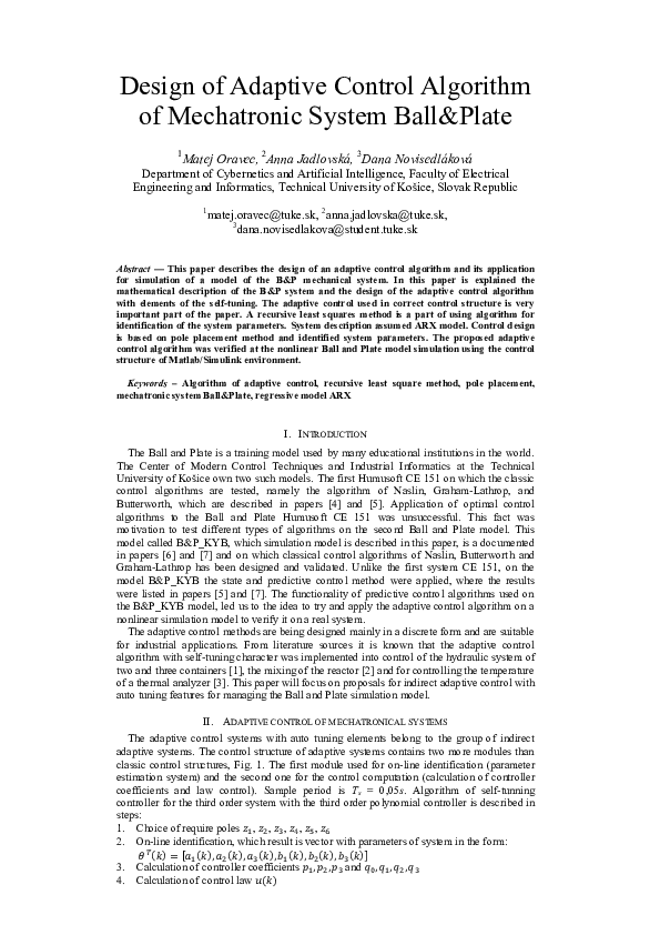 (PDF) Design of Adaptive Control Algorithm of Mechatronic System Ball&Plate