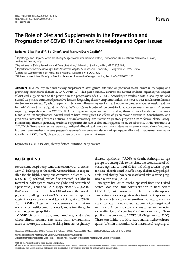 (PDF) The Role of Diet and Supplements in the Prevention and ...