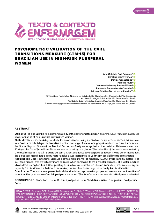 Pdf Psychometric Validation Of The Care Transitions Measure Ctm 15
