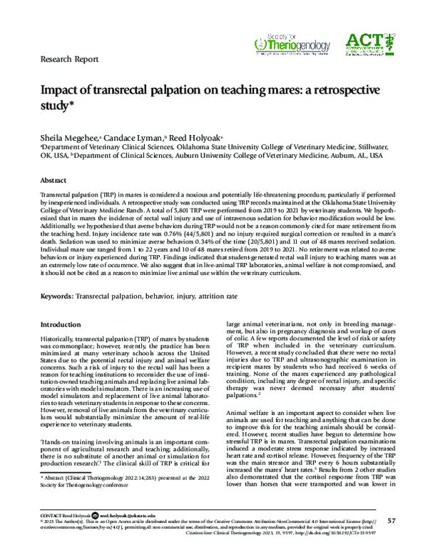 (PDF) Impact of transrectal palpation on teaching mares: a ...