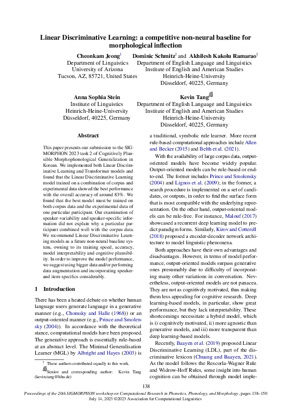 (PDF) Linear Discriminative Learning for Morphology