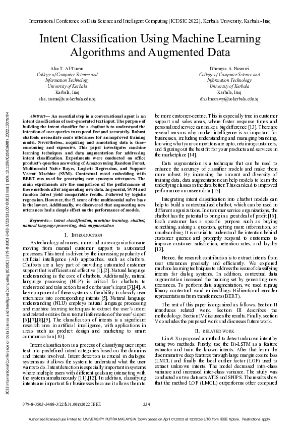 Pdf Intent Classification With Ml And Data Augmentation