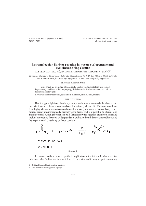 (PDF) Intramolecular Barbier reaction in water: Cyclopentane and ...