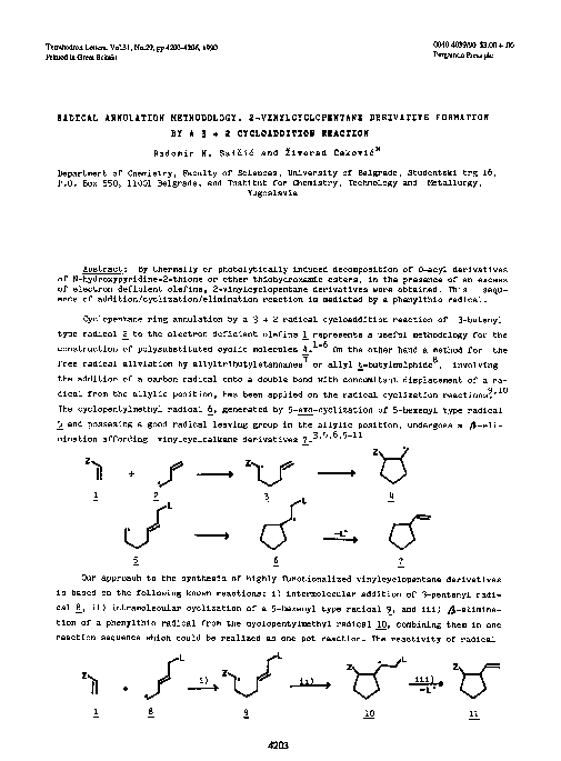 (PDF) Radical annulation methodology. 2-Vinylcyclopentane derivative formation by a 3 + 2 ...