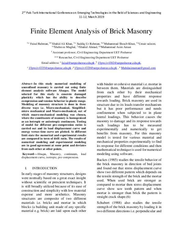 Pdf Finite Element Analysis Of Brick Masonry