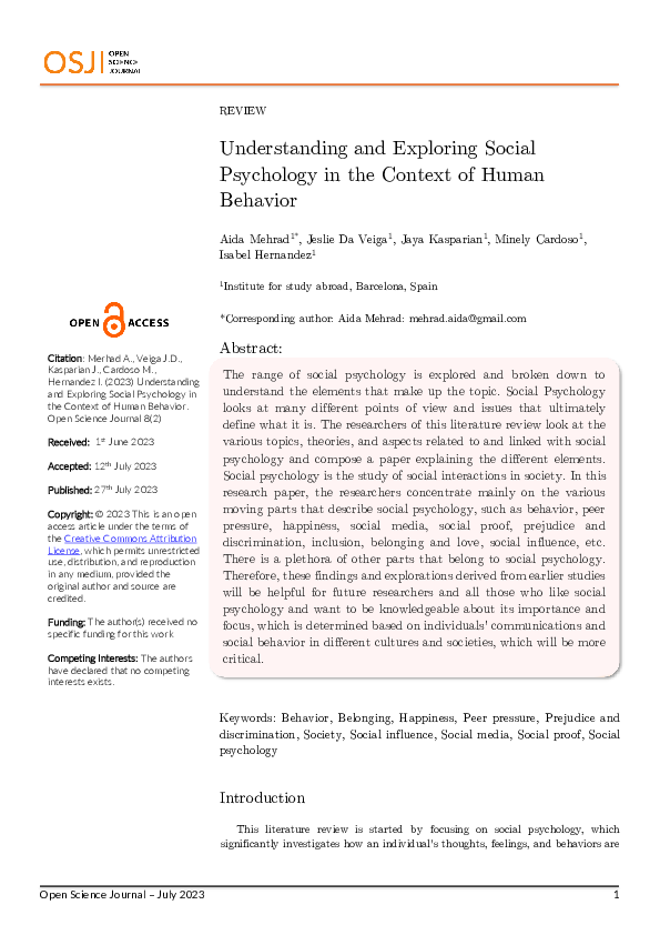(PDF) Understanding and Exploring Social Psychology in the Context of Human Behavior