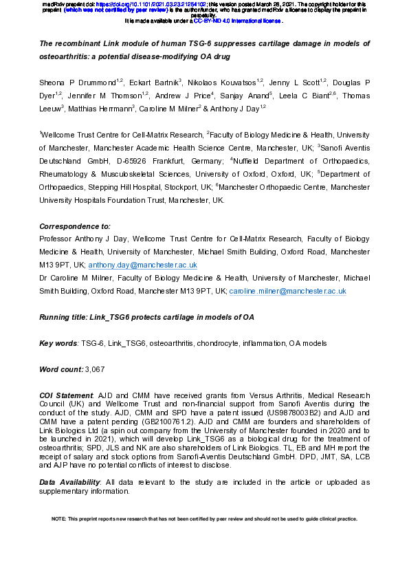(PDF) The recombinant Link module of human TSG-6 suppresses cartilage ...