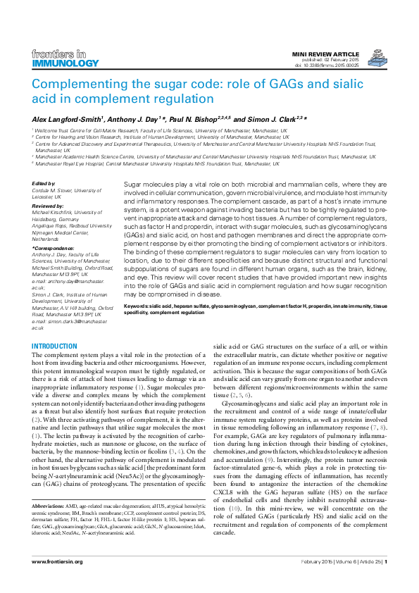 Pdf Complementing The Sugar Code Role Of Gags And Sialic Acid In Complement Regulation