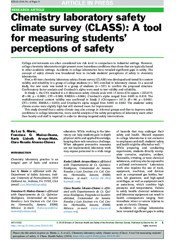 (PDF) Chemistry laboratory safety climate survey (CLASS): A tool for ...
