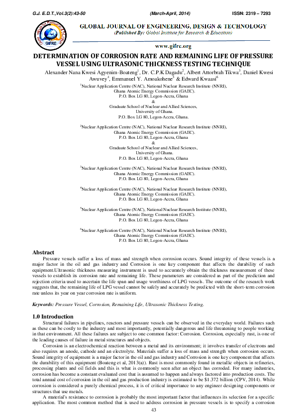 (PDF) DETERMINATION OF CORROSION RATE AND REMAINING LIFE OF PRESSURE VESSEL