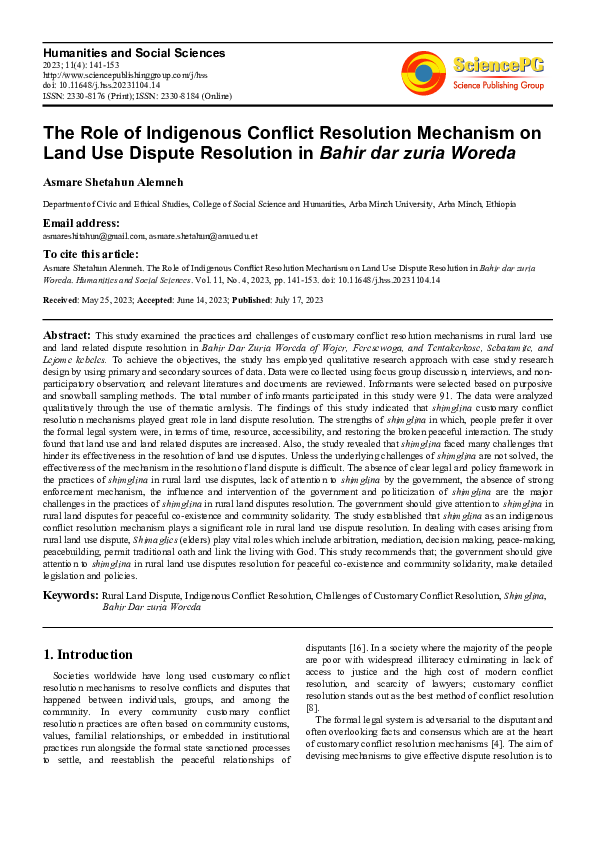 (PDF) The Role of Indigenous Conflict Resolution Mechanism on Land Use Dispute Resolution in ...