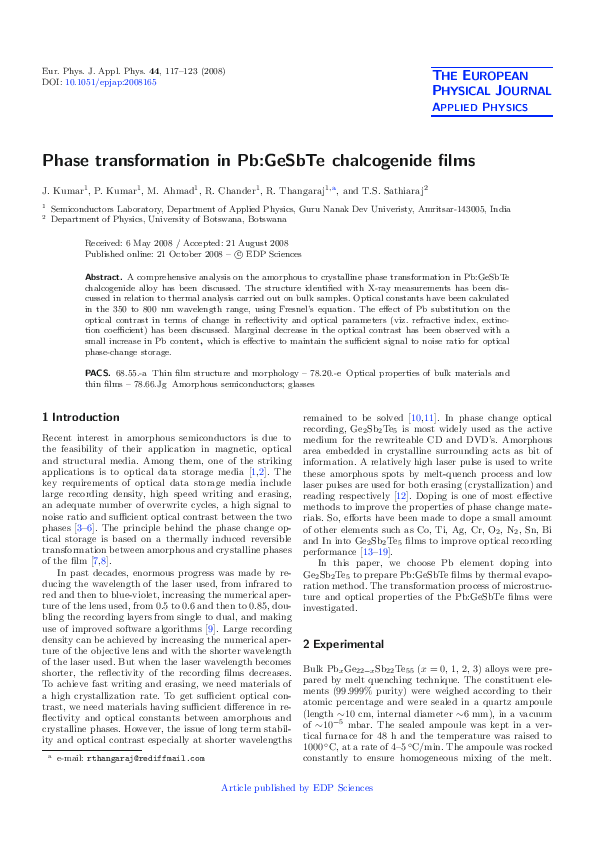 (PDF) Phase transformation in Pb:GeSbTe chalcogenide films | praveen ...