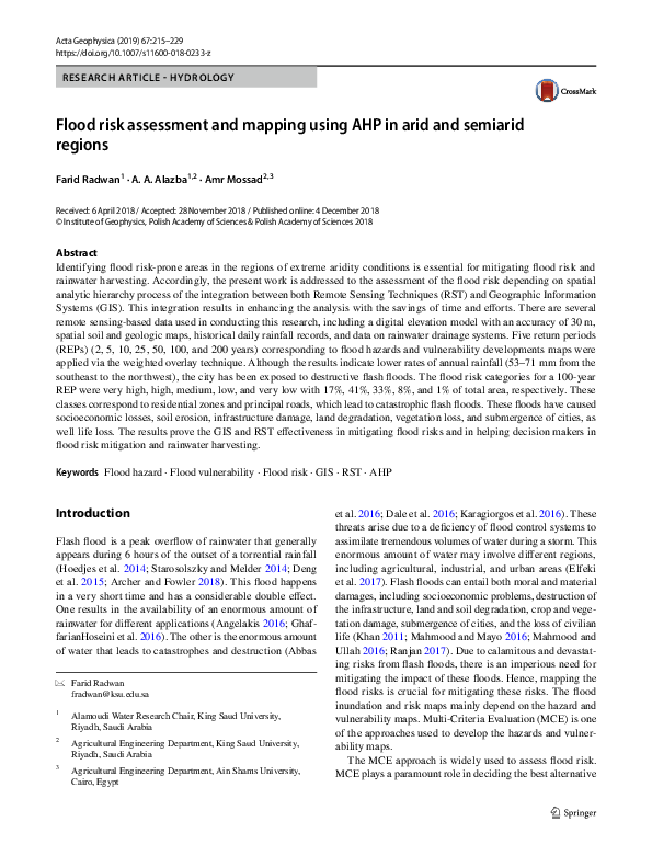 (PDF) Flood risk assessment and mapping using AHP in arid and semiarid regions
