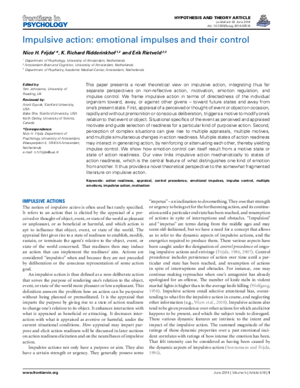 (PDF) Impulsive action: emotional impulses and their control