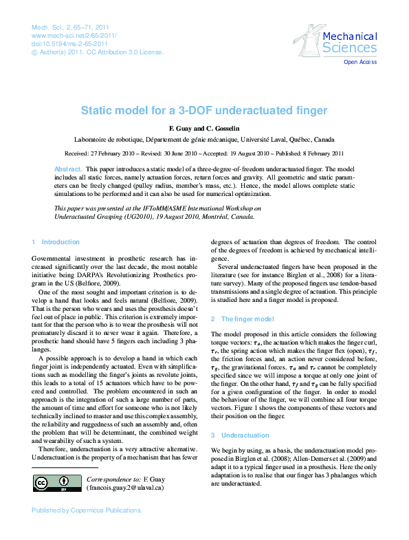 (PDF) Static model for a 3-DOF underactuated finger