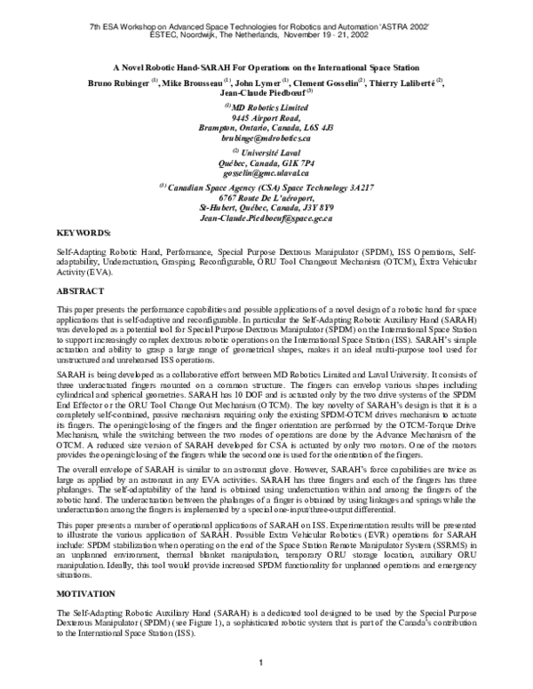 (PDF) A Novel Robotic Hand-SARAH For Operations on the International ...