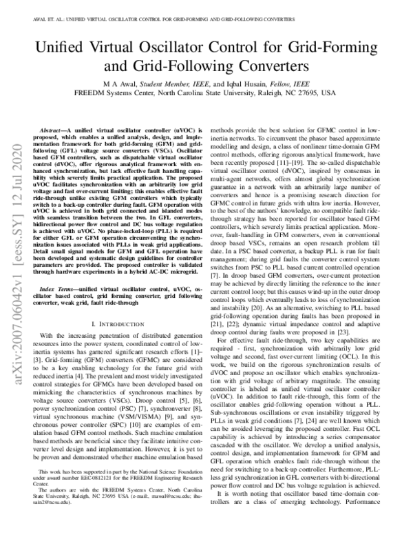 (PDF) Unified Virtual Oscillator Control for Grid-Forming and Grid-Following Converters