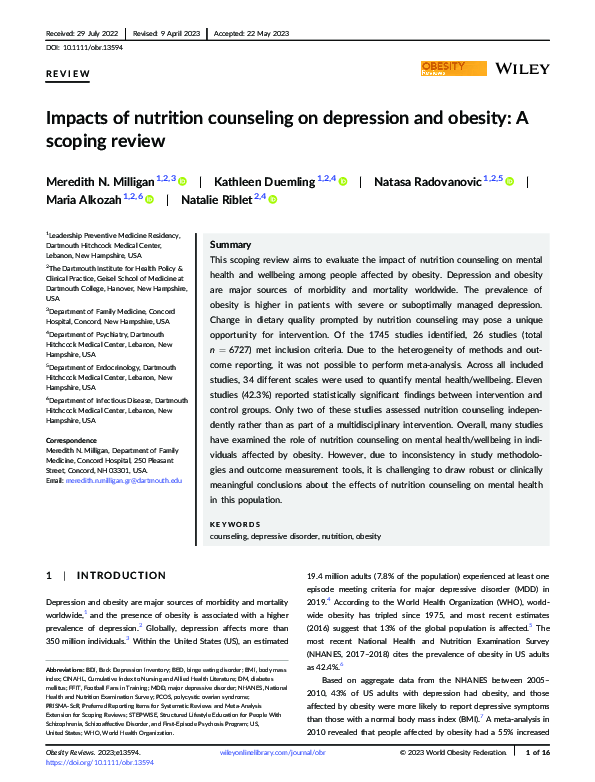 (PDF) Impacts of nutrition counseling on depression and obesity: A ...
