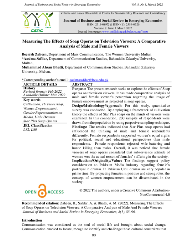 (PDF) Measuring the Effects of Soap Operas on Television Viewers: A Comparative Analysis of Male ...