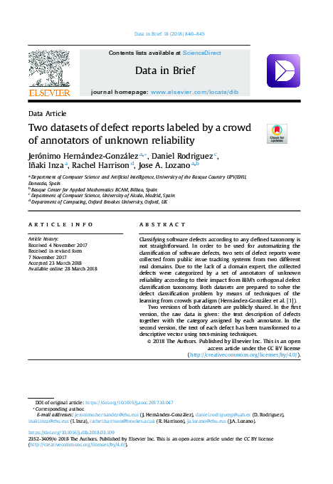 (PDF) Two datasets of defect reports labeled by a crowd of annotators ...