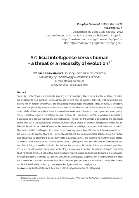 (PDF) Artificial intelligence versus human -a threat or a necessity of evolution