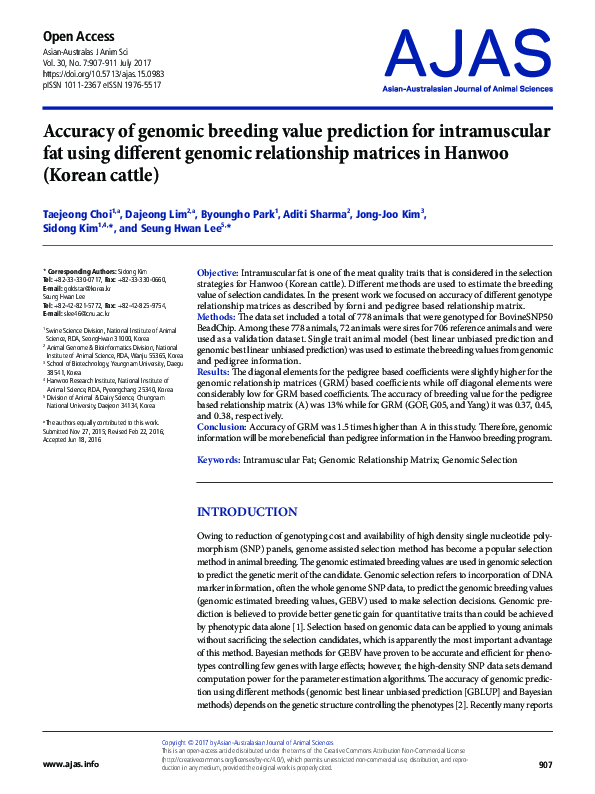 (PDF) Accuracy of genomic breeding value prediction for intramuscular fat using different ...