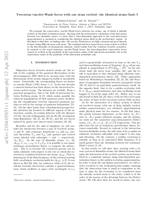 (PDF) Two-atom van der Waals forces with one atom excited: The ...